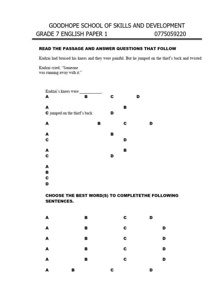 Grade 7 English Exam Paper 1 | PDF
