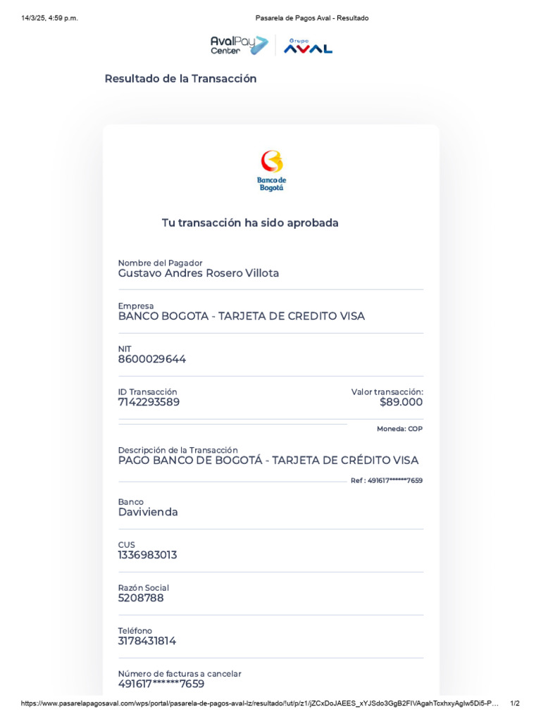 Pasarela de Pagos Aval - Resultado | PDF | Pagos | Servicios financieros minoristas