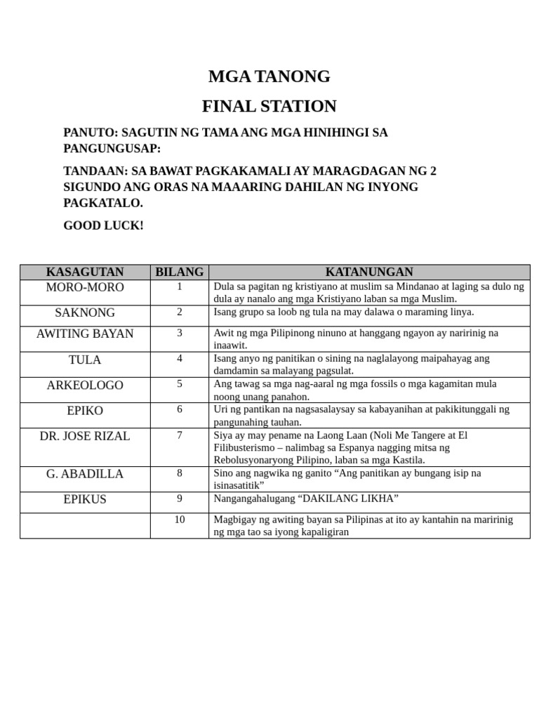 Mga Tanong Sa Relay | PDF