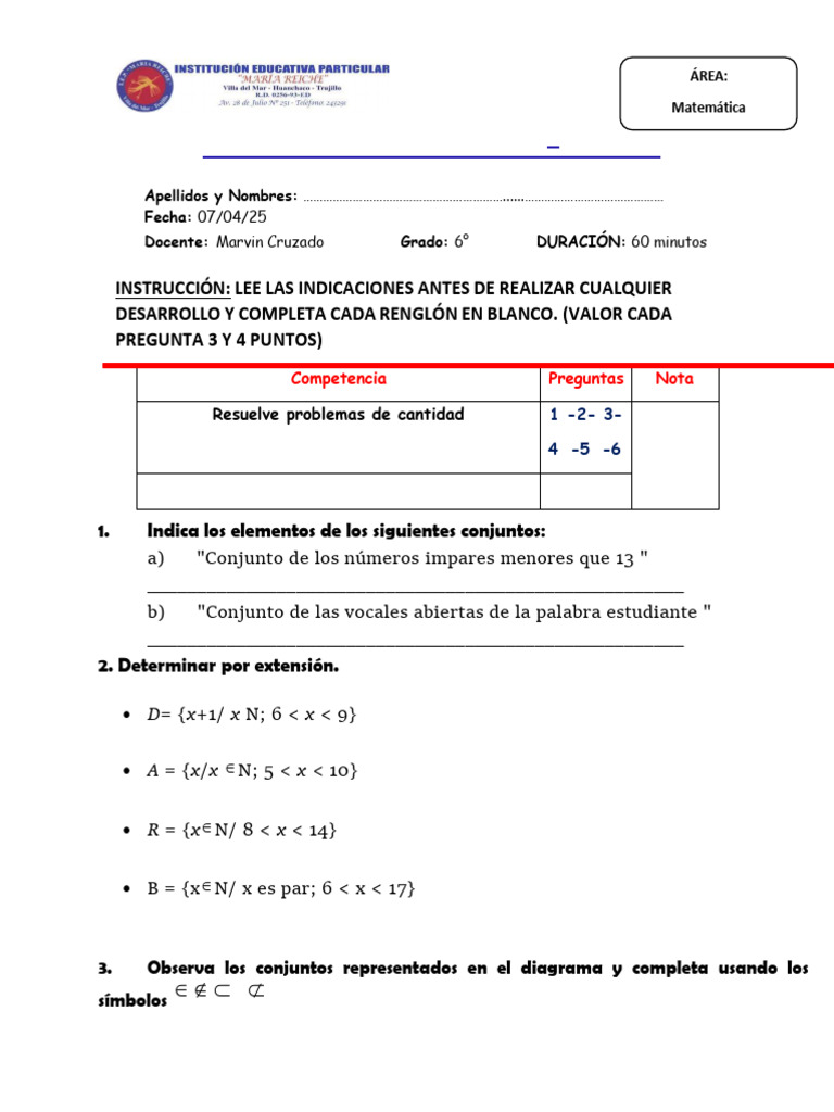 6to Grado Examen Unidad-1 | PDF