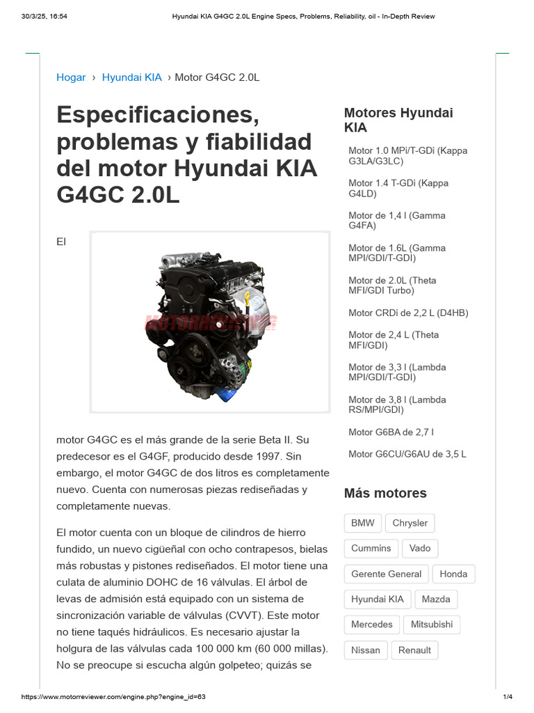 Especificaciones del motor G4GC 2.0L | PDF | Motores | Propulsión