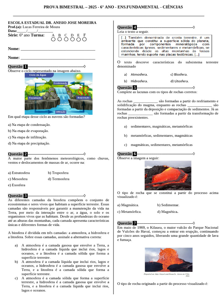 Prova 1º Bimestre 6º Ano - Questões Com Imagens - Gabarito - Respostas - 2025 - Editada ...