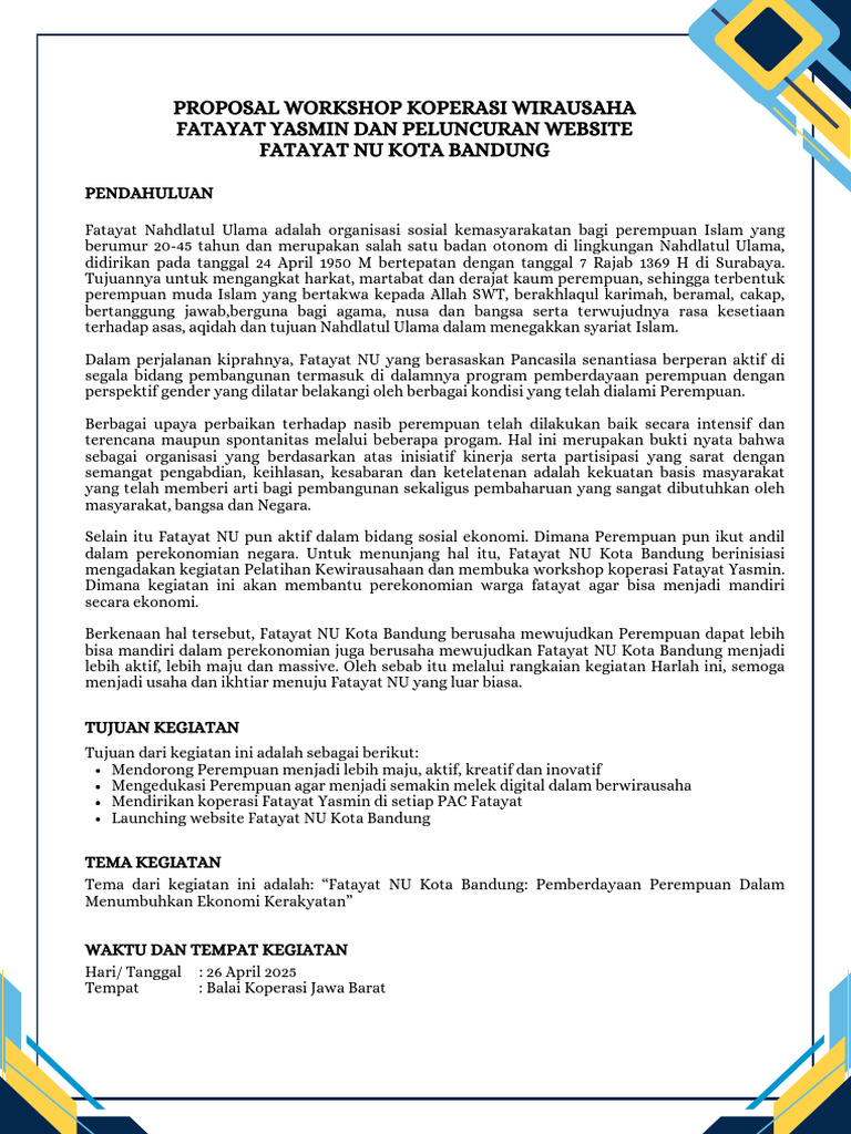 Proposal Workshop Koperasi Wirausaha Fatayat Yasmin Dan Peluncuran Website Fatayat Nu Kota ...