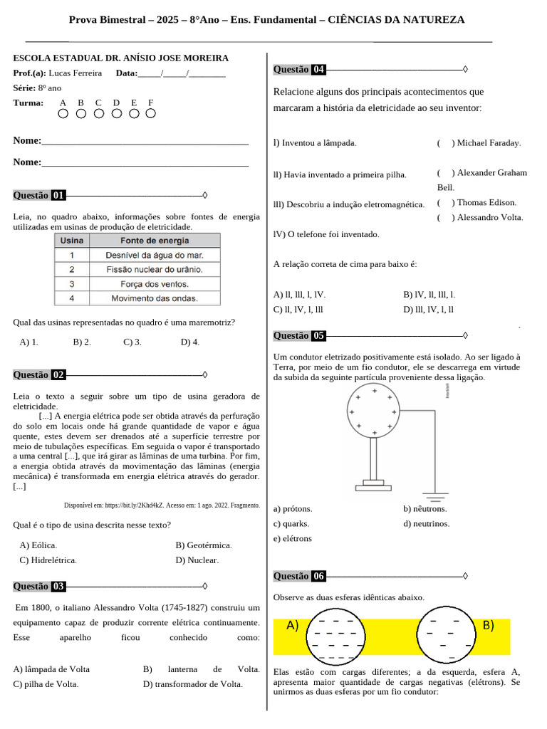 Prova 1º Bimestre 8º Ano - Questões Com Imagens - Gabarito - Respostas - Editada - Impressão ...