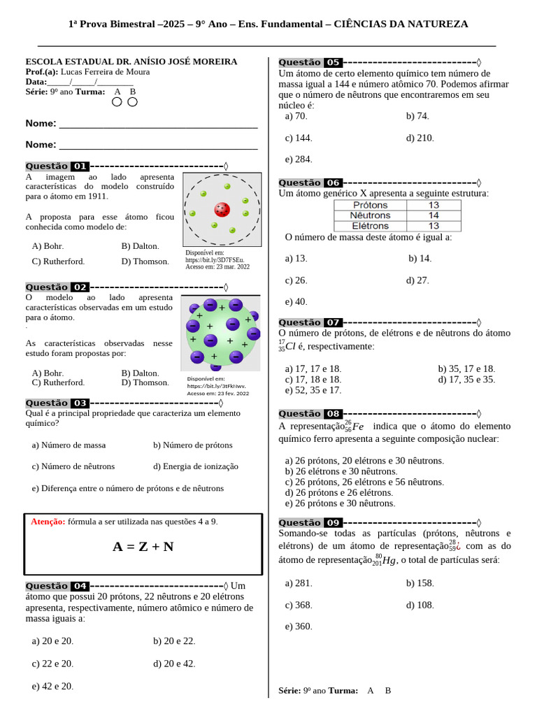 Prova 1º Bimestre 9º Ano - Questões Com Imagens - Respostas - Editada - Impressão Aluno | PDF ...