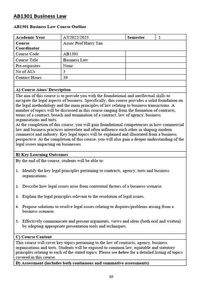 Business Law Course Outline | PDF | Academic Integrity | Integrity