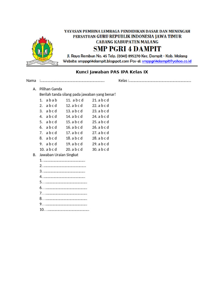 Lembar Kunci Jawaban PAS IX | PDF