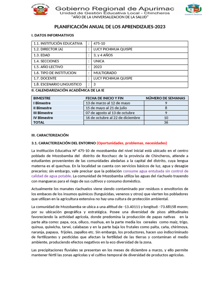 Planificación Anual de Aprendizajes 2023. | PDF | Evaluación | Maestros
