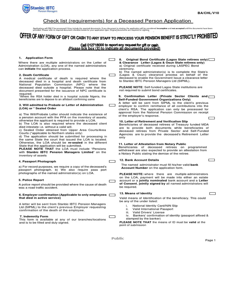 Deceased Person Application Checklist | PDF | Identity Document | Probate