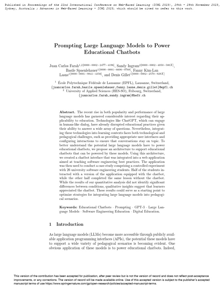 Ingram 2023 Prompting Large Language Models Power Educational Chatbots | PDF | Learning | Usability