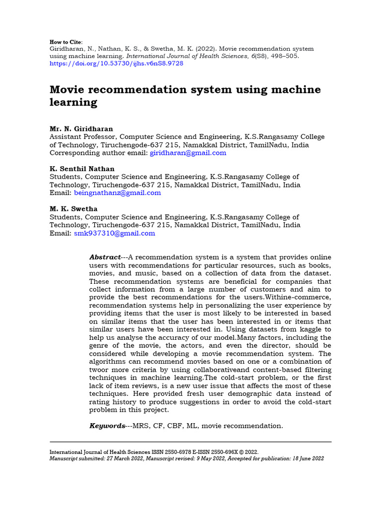 Movie Recommendation System Using Machine Learning | PDF | Machine Learning | Information Science