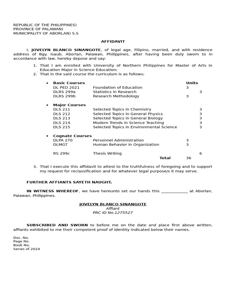 Affidavit of Education Enrollment in Palawan | PDF | Affidavit | Evidence