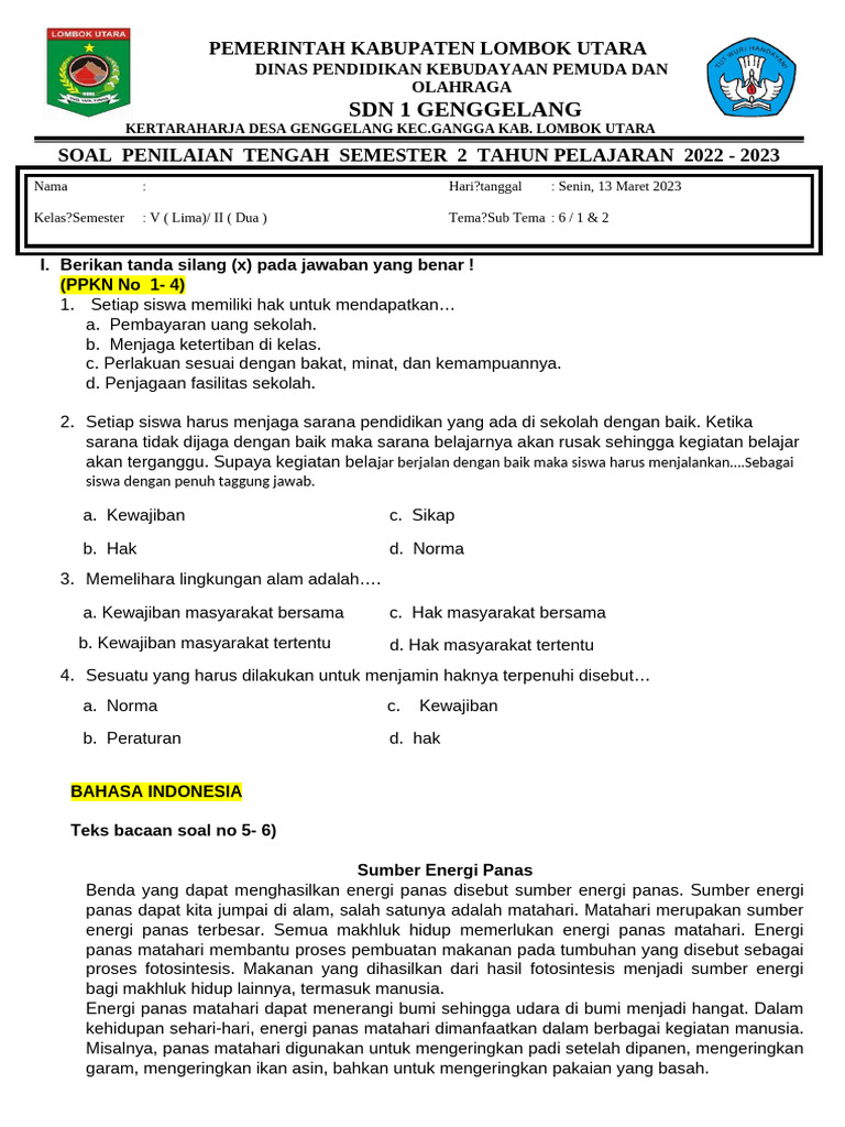 Soal PTS Kelas 5 Tema 6 Sub 1 Dan 2 | PDF