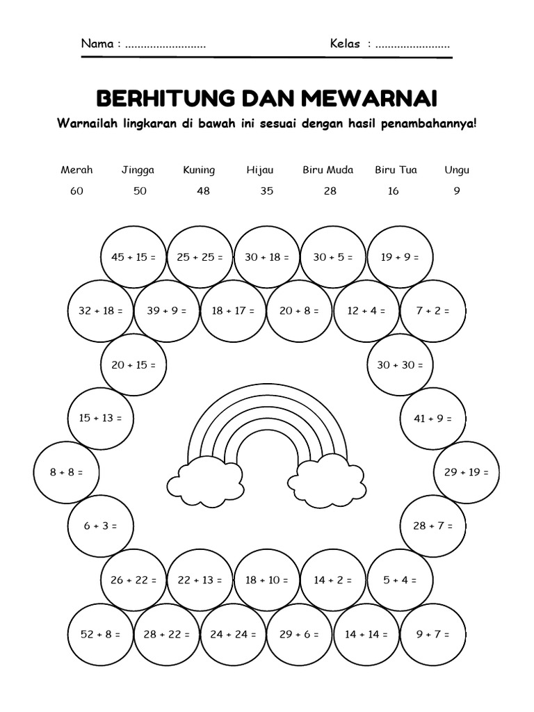 Berhitung dan Mewarnai Lembar Kerja Matematika Numerasi dalam Warna ...