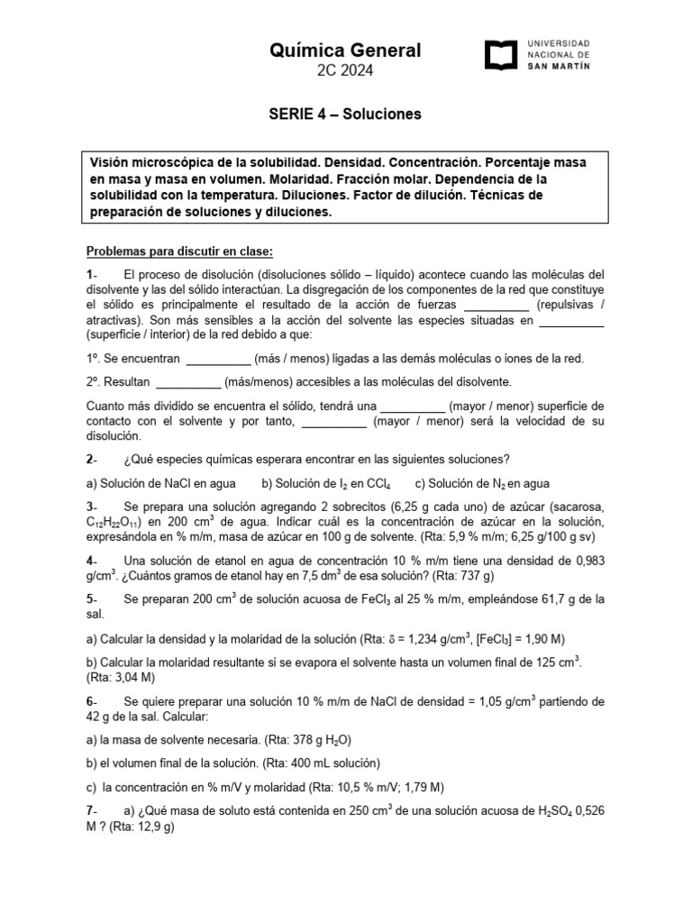 Serie 4 - 2C - 2024 | PDF | Concentración | Solubilidad