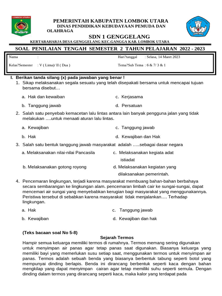 Soal PTS Kelas 5 Tema 6 Sub 3 Dan Tema 7 Sub 1 | PDF
