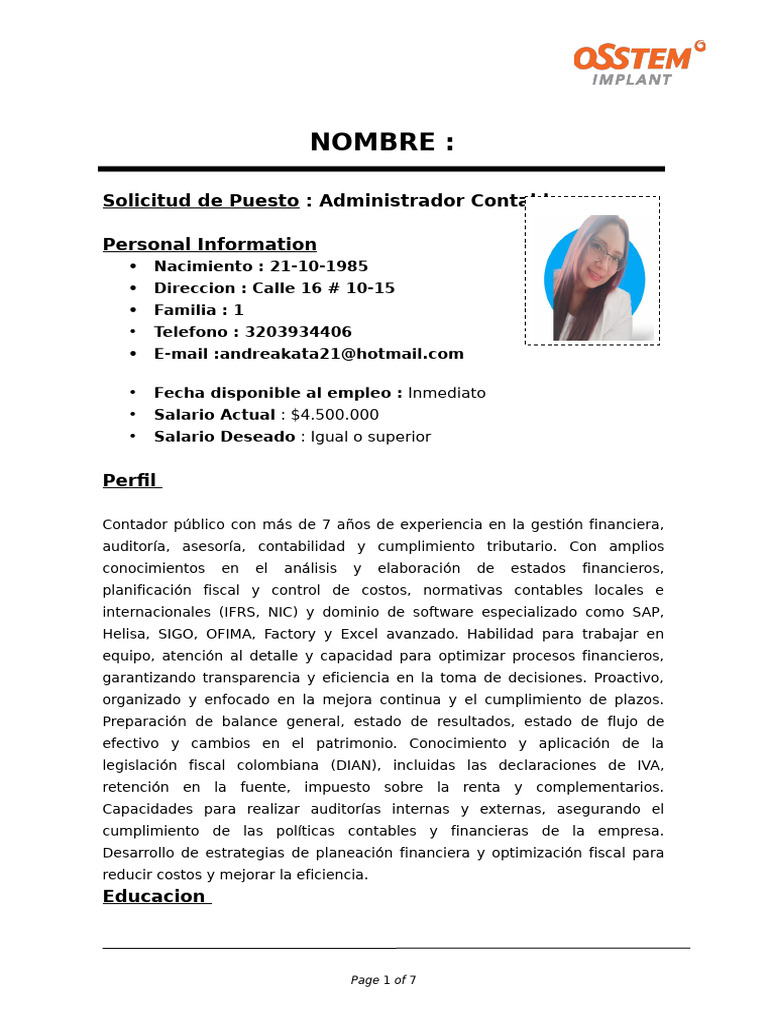 Formato de Curriculum OSSTEM COLOMBIA | PDF | Contabilidad | Contador