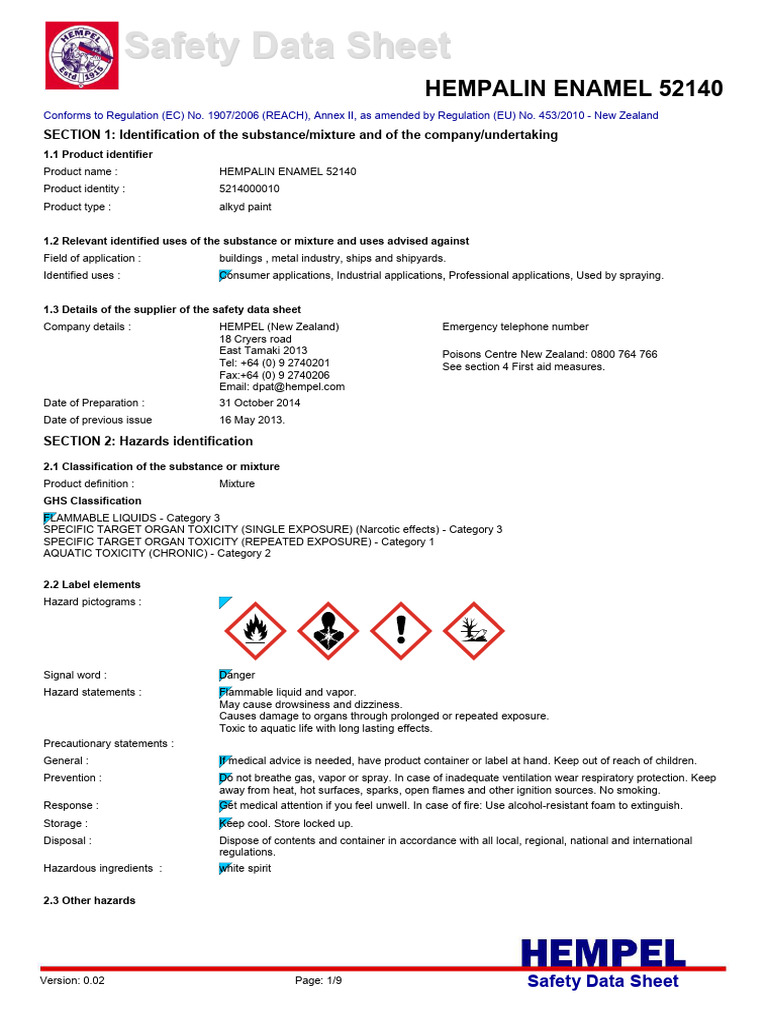 Hempalin Enamel 5214000010 En-Us | PDF | Toxicity | Dangerous Goods