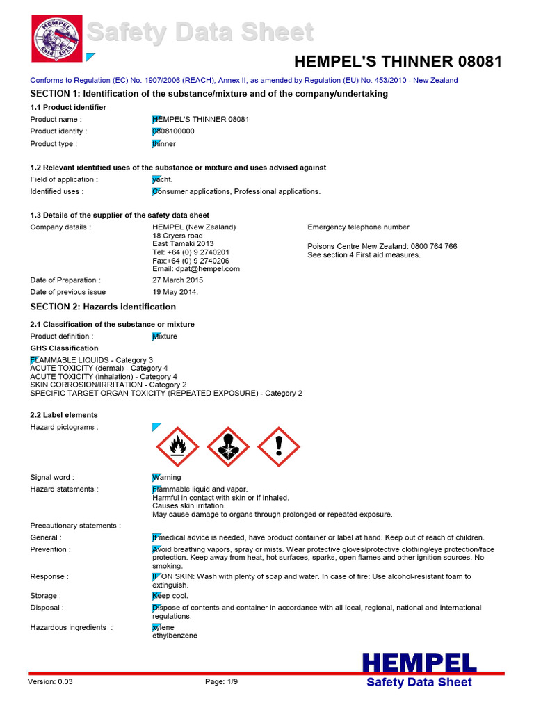 Hempel's Thinner No.3 0808100000 En-Us | PDF | Toxicity | Dangerous Goods