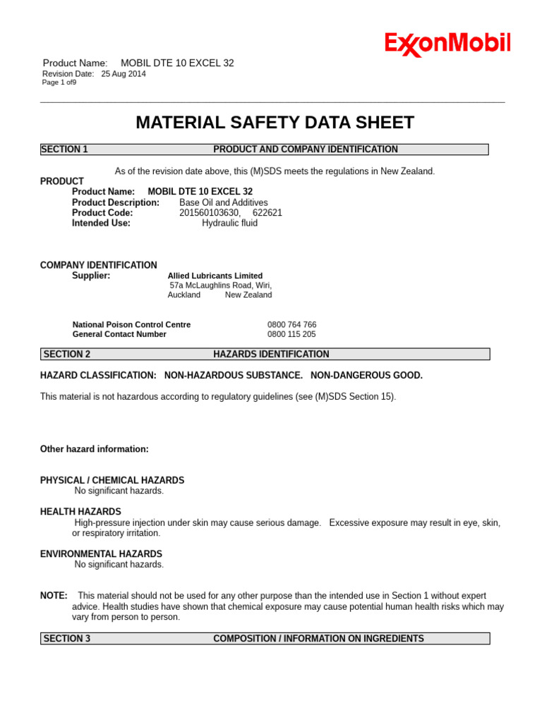 MSDS - 734646 Mobil Dte 10 Excel 32 | PDF | Occupational Safety And Health | Safety