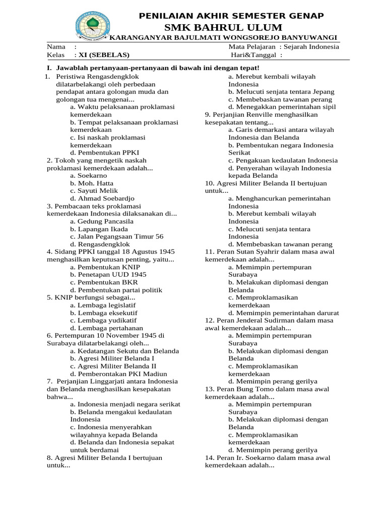 Soal PTS Genap Sej - Indo KLS Xii | PDF