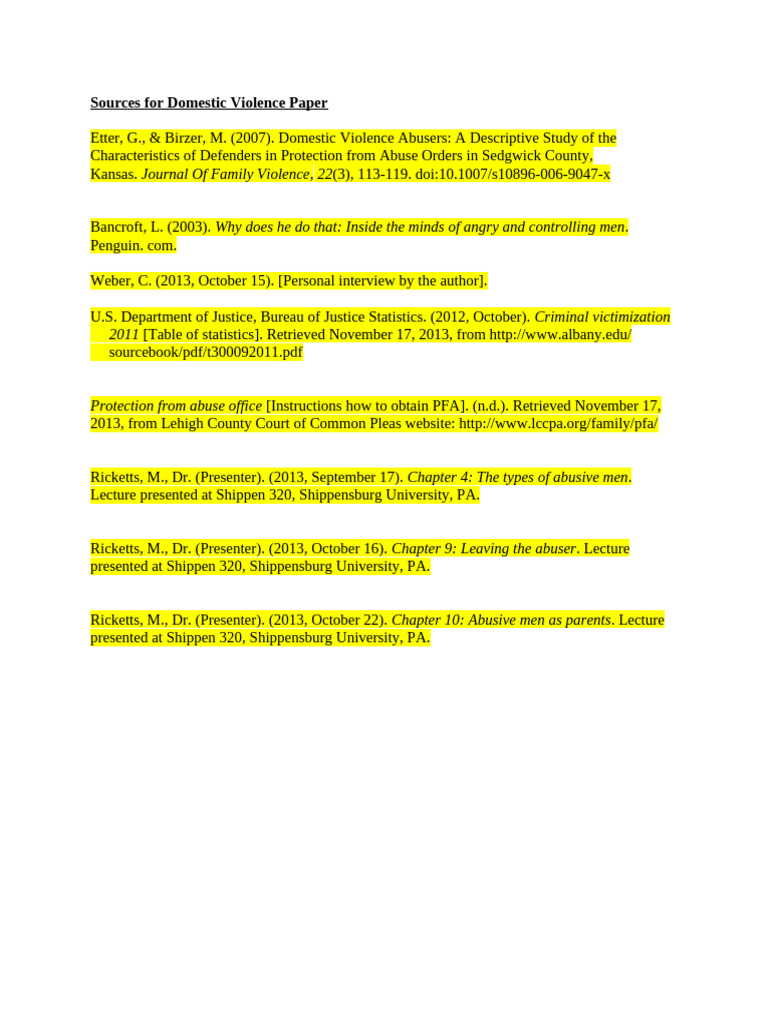 Sources For Domestic Violence Paper | PDF