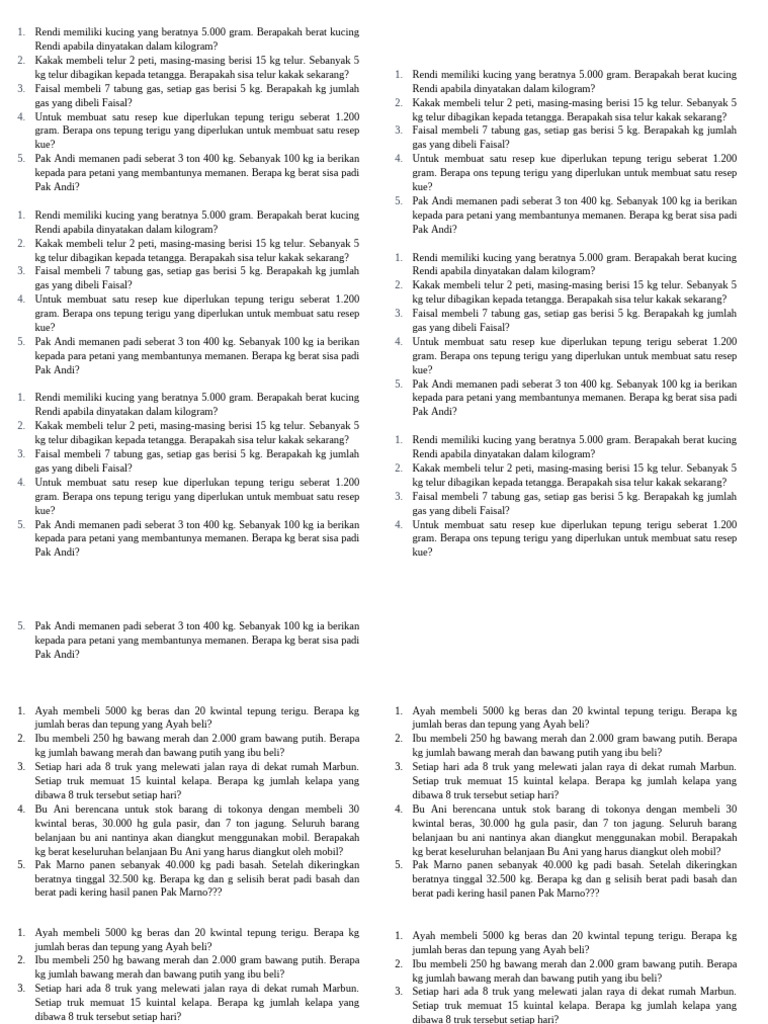 Soal Cerita Satuan Berat K-3 | PDF