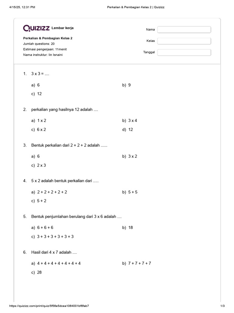 Lembar Kerja Perkalian Kelas 2 | PDF