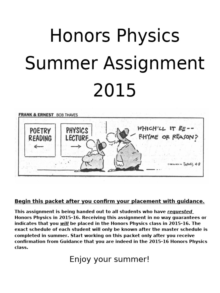 Hons. Physics Summer Assignment 2015 | PDF | Speed | Length