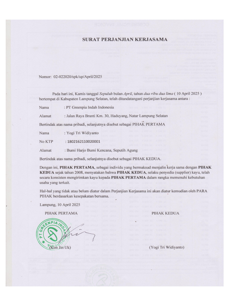 Surat Perjanjian Kerjasama | PDF