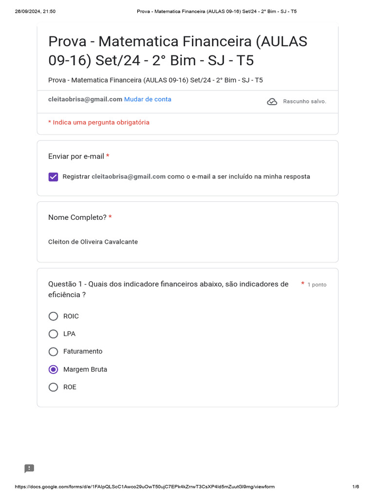 Prova - Matematica Financeira (AULAS 09-16) Set - 24 - 2° Bim - SJ - T5 | PDF | Custo | Business