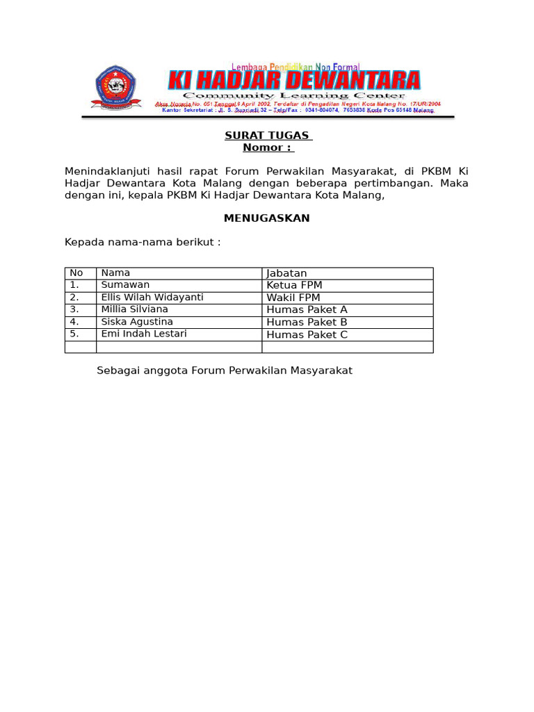 Surat Tugas Anggota FPM Malang | PDF