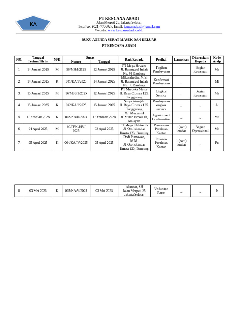 Contoh Buku Agenda Tunggal | PDF