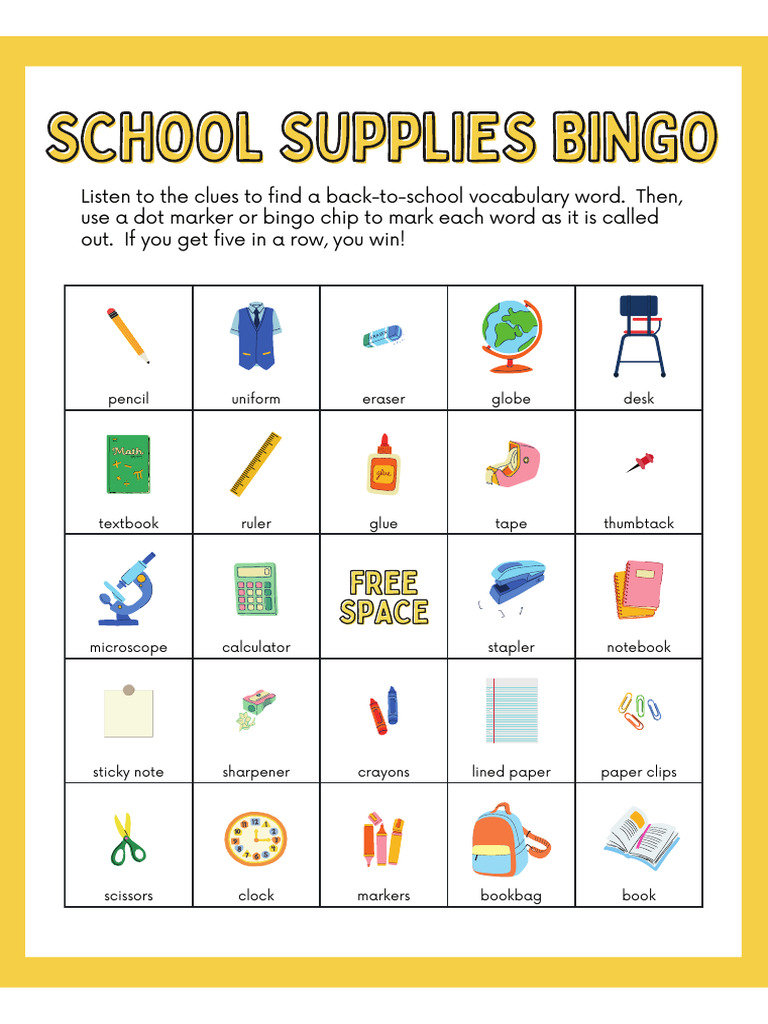 Back-to-School Supplies Bingo Game | PDF | Conservation And Restoration ...