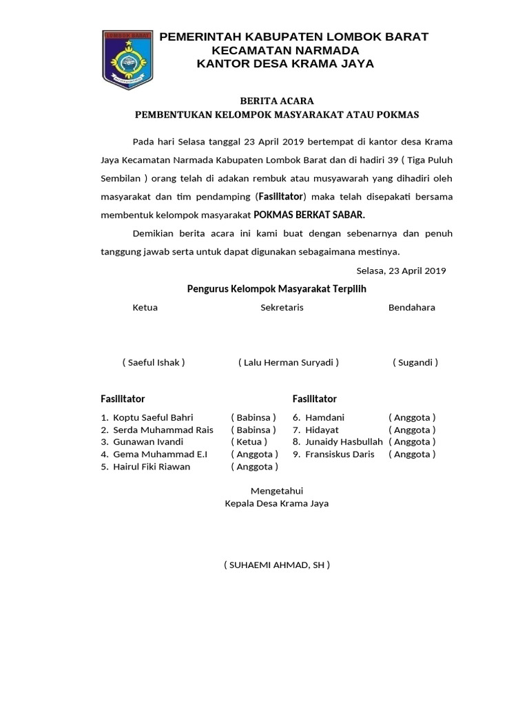 Berita Acara Pokmas Berkat Sabar | PDF