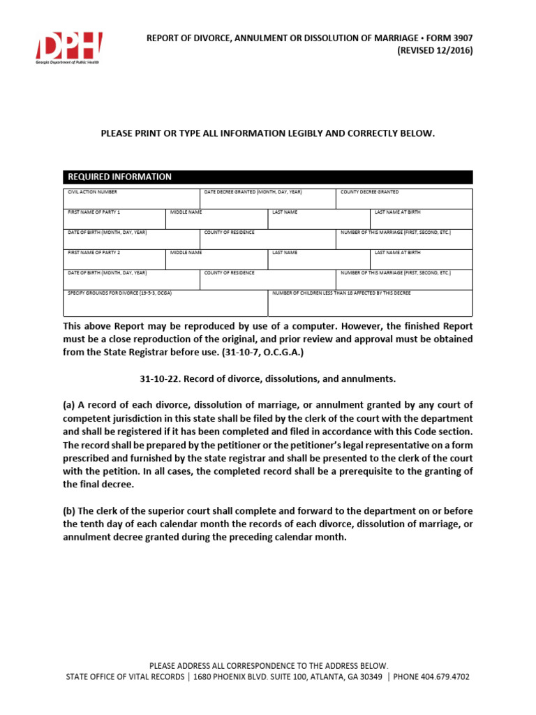 Georgia Divorce Report Form 3907 | PDF | Divorce | Annulment