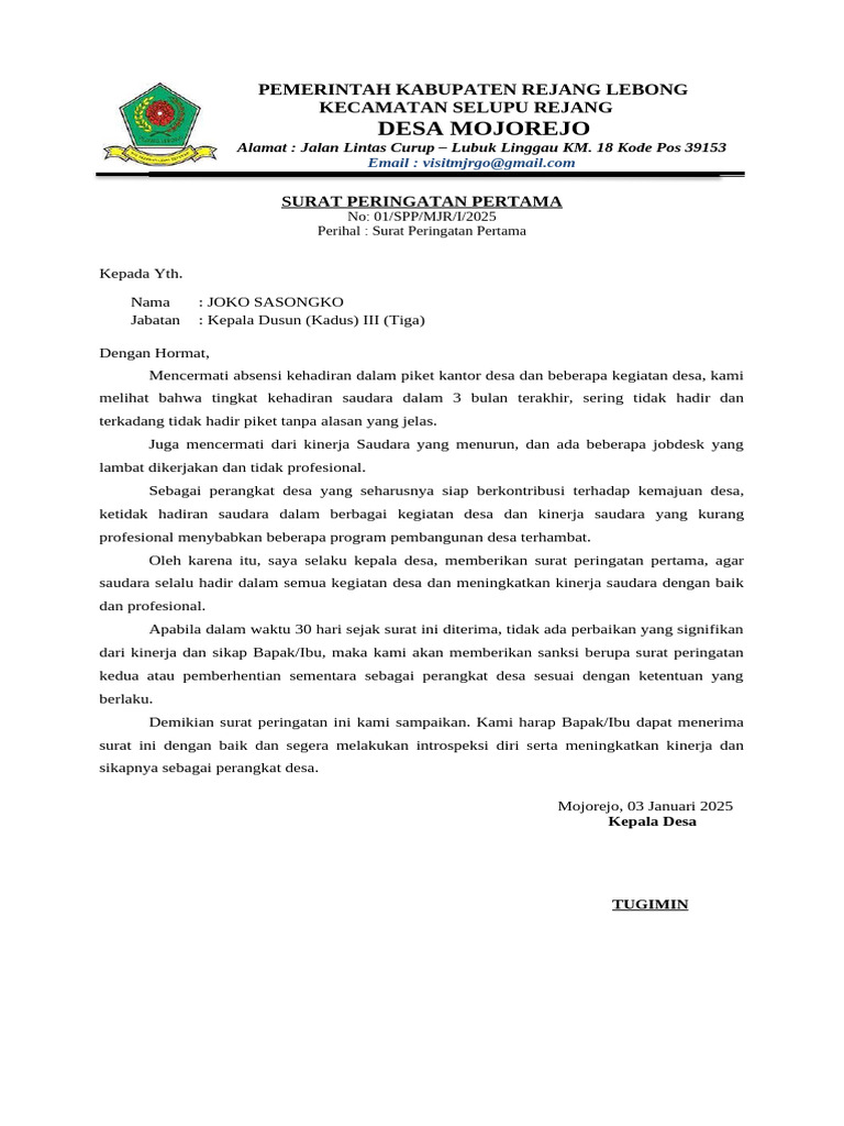 Surat Peringatan Pertama Kadus III | PDF