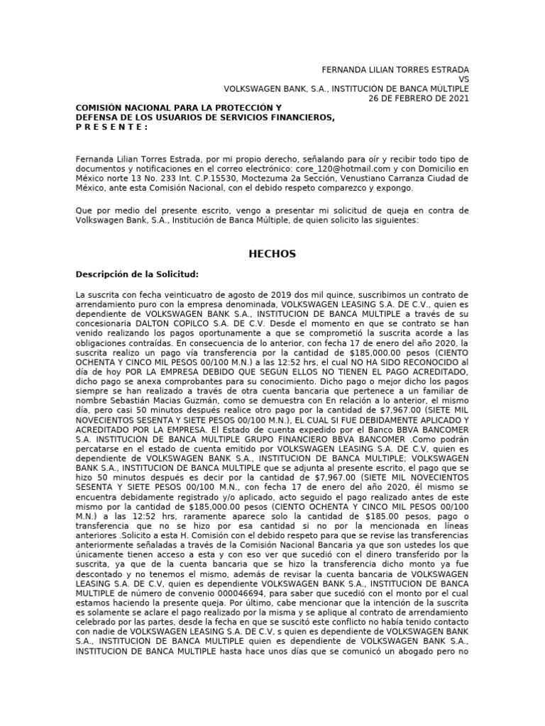 Queja Formato Condusef | PDF | Bancos | Transferencia bancaria