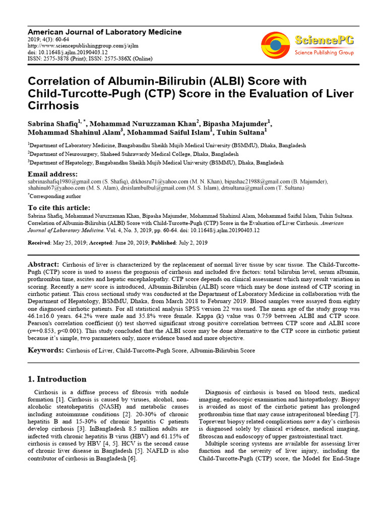 Correlation of Albi Score With Ctp Score in the Evaluation of Liver ...