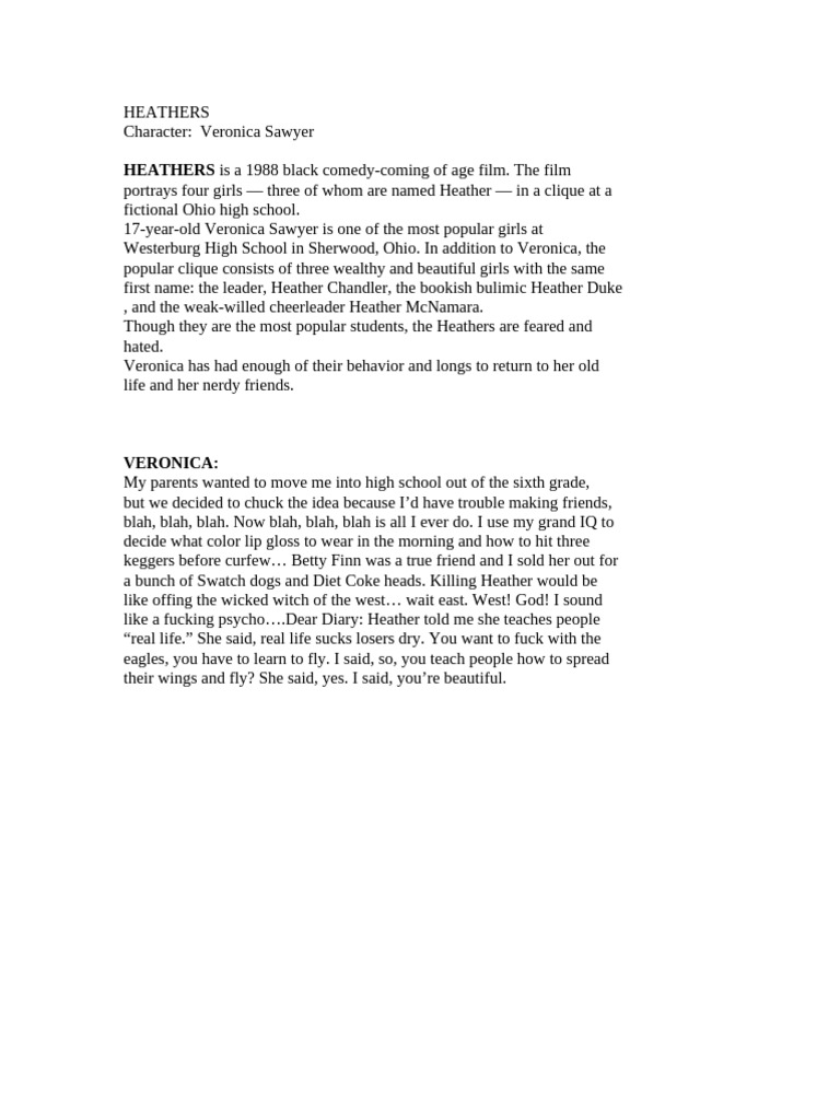 On Camera Monologue Heathers | PDF