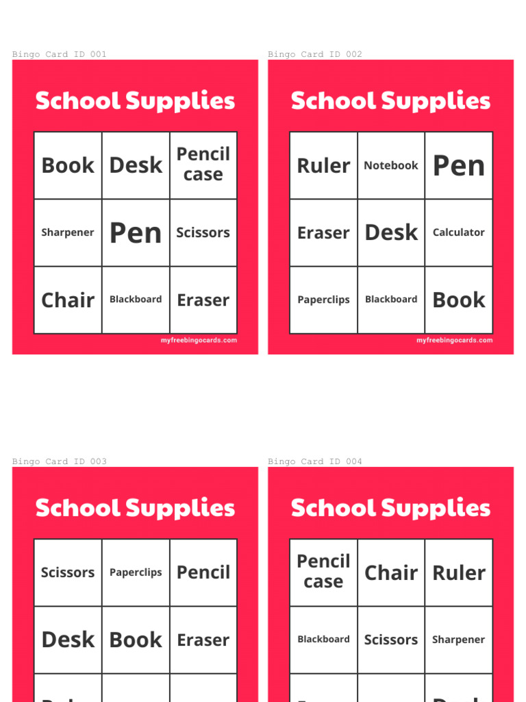 School Supplies Bingo Cards List | PDF | Pencil | Conservation And ...
