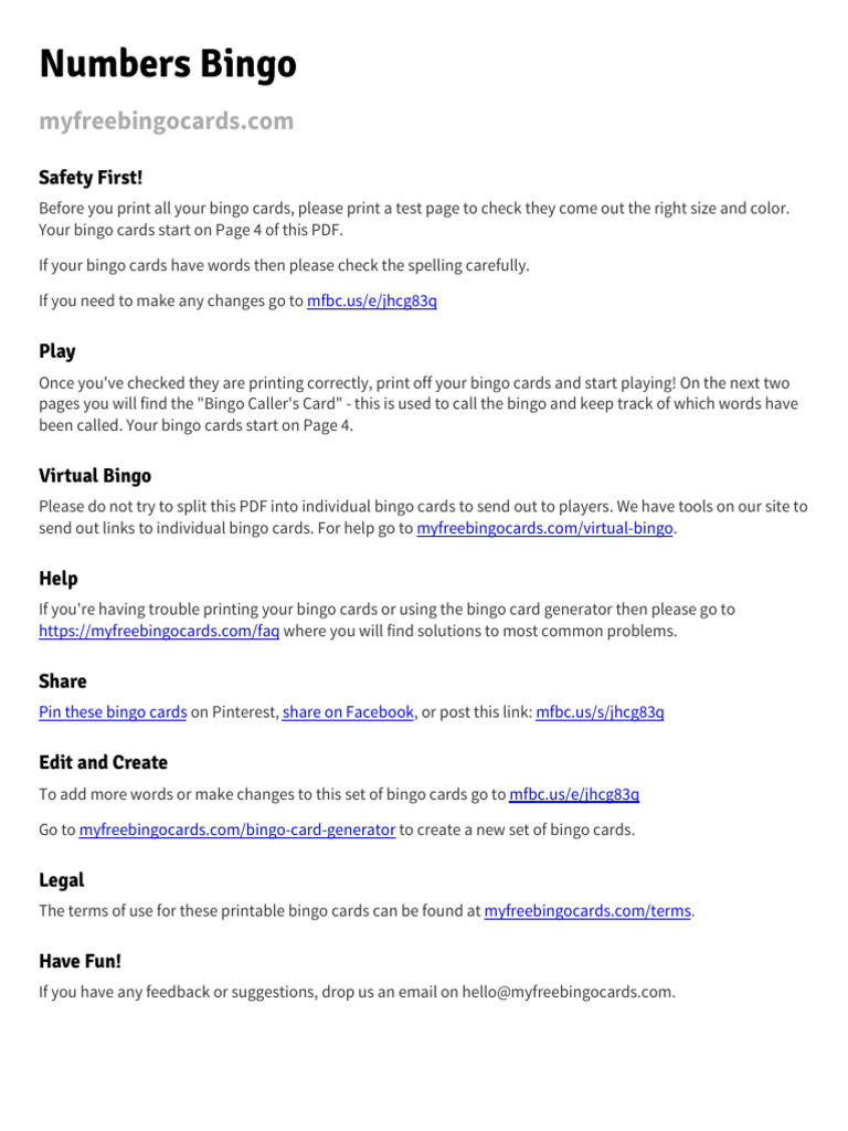 Bingo Cards Numbers Instructions | PDF