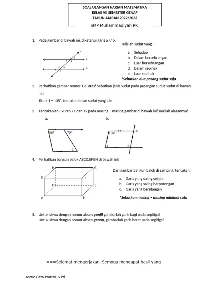 Soal Ulangan Matematika Kelas VII | PDF