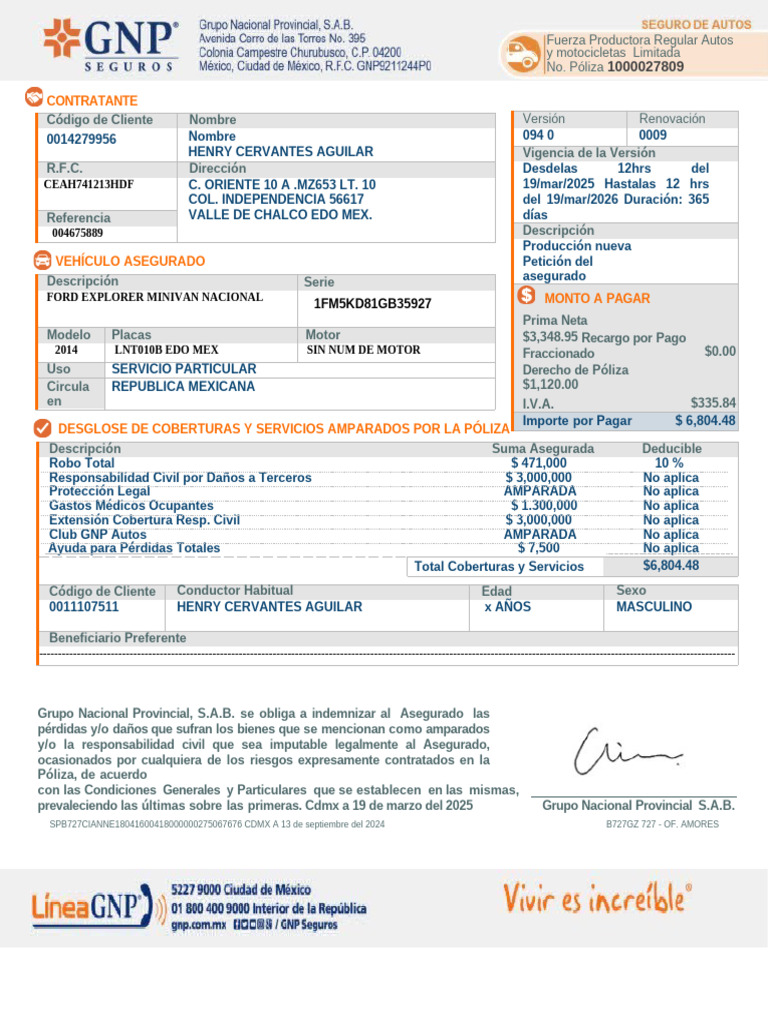 Póliza GNP FORD 2014 HENRY | PDF | Póliza de seguros