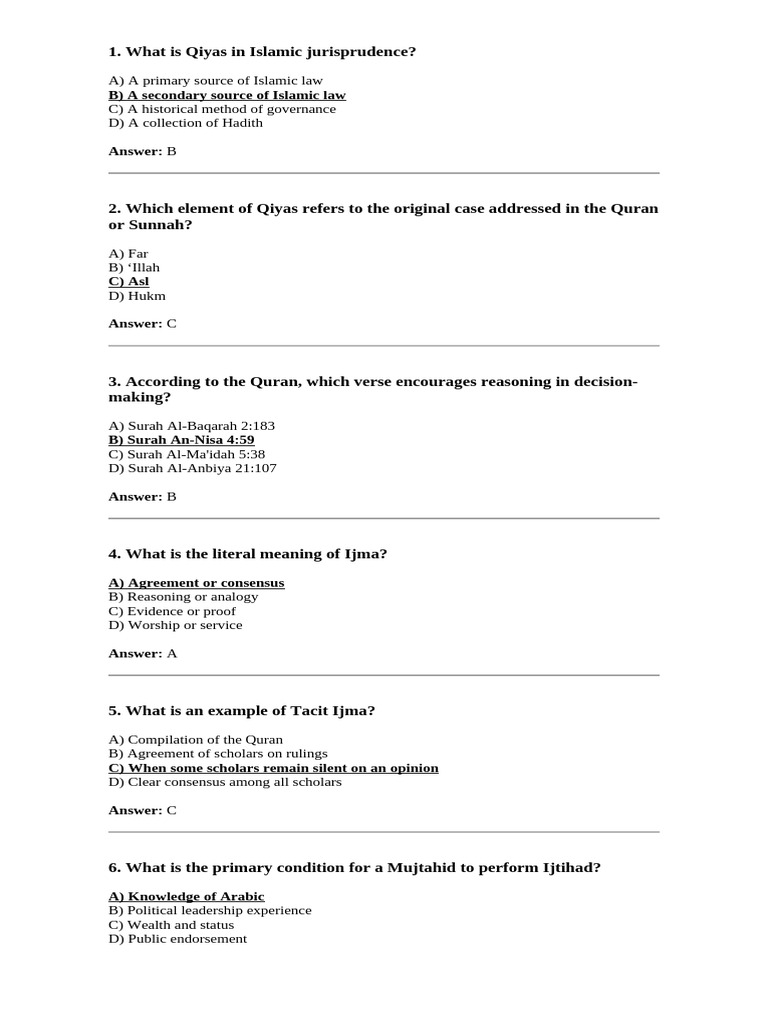 Islamic Jurisprudence MCQs Guide | PDF | Hadith | Sharia