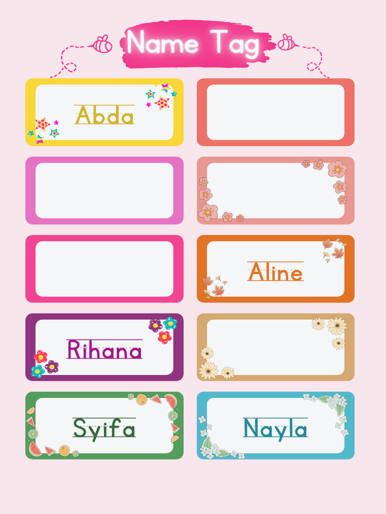 Pink and Colorful Cute Name Tag A4 Document | PDF