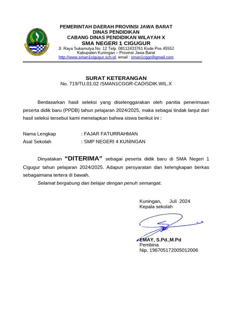 Surat Keterangan Lulus PPDB 2024 | PDF