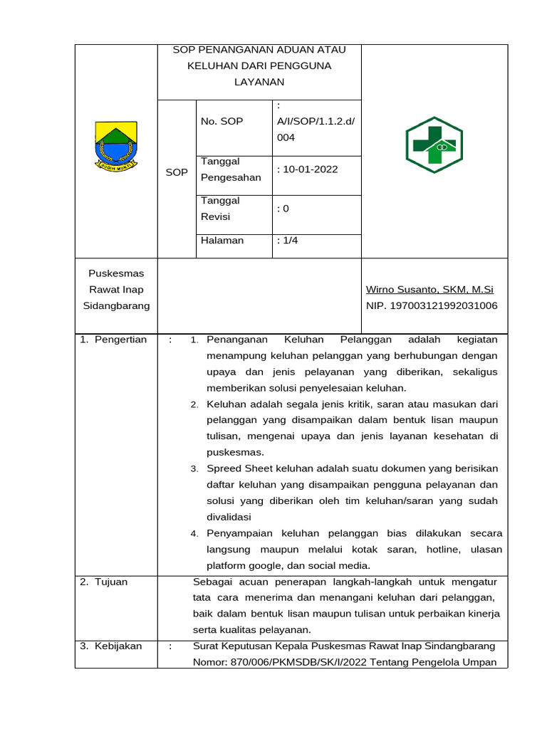 112d SOP PENANGANAN ADUAN ATAU KELUHAN DARI PENGGUNA LAYANAN | PDF