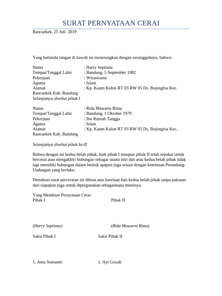 Surat Pernyataan Cerai | PDF