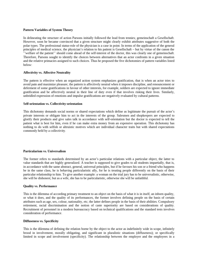 Talcott Parsons' Pattern Variables Explained | PDF | Behavioural Sciences | Social Psychology